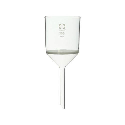 ●容量が450mLでガラス製フィルター付きブフナ形のロートです。●入数：1個●容量：450mL●型式：25GP160●足長さ(mm)：120●足外径直径(mm)：16●フィルター：100〜160マイクロm●材質：ほうけい酸ガラス●ガラス種類...