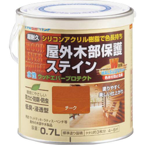 ●塗り面積(m2)：4〜6(畳枚数換算約3枚)●液性：水性(半造膜タイプ)●希釈剤：不要●シリコンアクリル樹脂にHALS(紫外線劣化防止剤)とUV吸収剤を配合した高性能木部保護塗料です。●水性でありながら色あせに強く、塗り継ぎムラがでにくい...