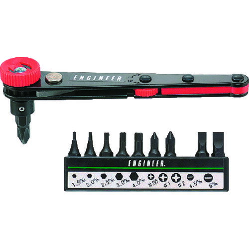 ●先端：マグネット入り●ビット組本数(本)：10●各ビットサイズ(mm)：[[+]]No.00、No.1、No.2、[[-]]4.5、[[-]]6.0、六角1.5、2.0、2.5、3.0、4.0●ビット対辺：6.35mm●オフセットラチェッ...