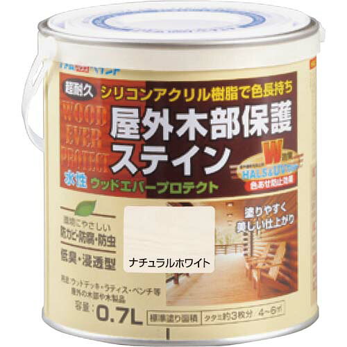 ●塗り面積(m2)：4〜6(畳枚数換算約3枚)●液性：水性(半造膜タイプ)●希釈剤：不要●シリコンアクリル樹脂にHALS(紫外線劣化防止剤)とUV吸収剤を配合した高性能木部保護塗料です。●水性でありながら色あせに強く、塗り継ぎムラがでにくい...