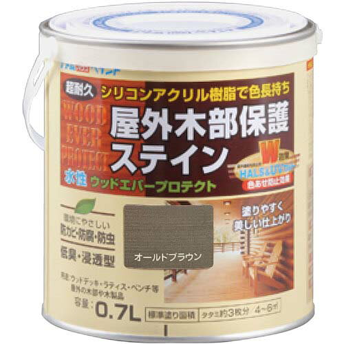 ●塗り面積(m2)：4〜6(畳枚数換算約3枚)。●液性：水性(半造膜タイプ)。●希釈剤：不要●シリコンアクリル樹脂にHALS(紫外線劣化防止剤)とUV吸収剤を配合した高性能木部保護塗料です。●ウッドデッキ、ラティス、木製家具、木製ベンチなど...