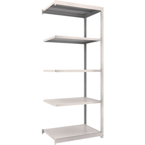 ●均等積載量：150kg／段●最大積載量：1000kg／台●ボルトを1本も使用していないボルトレス構造で、分解・組み立て作業が簡単。組立作業の時間を大幅に短縮できます。●棚の段数変更が小刻みな25mmピッチで、自由に調整、変更ができます。●...