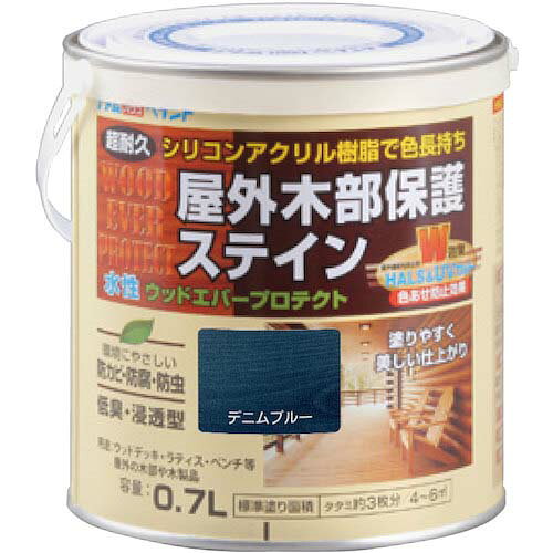 ●塗り面積(m2)：4〜6(畳枚数換算約3枚)。●液性：水性(半造膜タイプ)。●希釈剤：不要●シリコンアクリル樹脂にHALS(紫外線劣化防止剤)とUV吸収剤を配合した高性能木部保護塗料です。●ウッドデッキ、ラティス、木製家具、木製ベンチなど...