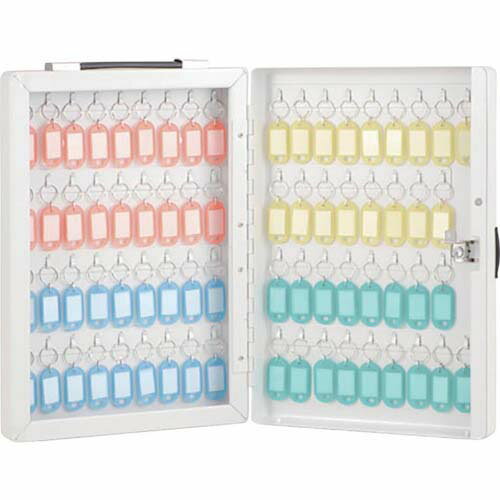 ●施錠方式：シリンダー錠●キーリングで取り付けるタイプなので、専用ホルダーがなくても使用できます。●色分類できるキーホルダーが便利です。●キーホルダーの中には、書き込み可能な見出し用紙が付いています。●70個収容タイプのキーボックスです。●...