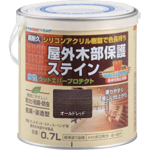 ●塗り面積(m2)：4〜6(畳枚数換算約3枚)。●液性：水性(半造膜タイプ)。●希釈剤：不要●シリコンアクリル樹脂にHALS(紫外線劣化防止剤)とUV吸収剤を配合した高性能木部保護塗料です。●ウッドデッキ、ラティス、木製家具、木製ベンチなど...