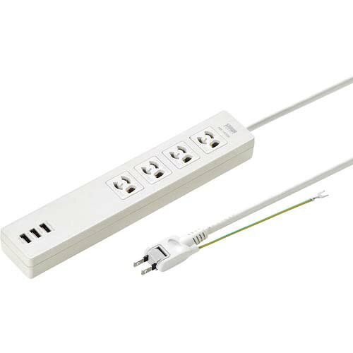 ●定格容量：15A・125V(合計1400Wまで)●USBポート：3ポート●USB出力：DC5V・3A(合計)●差込口：3P・4個口●プラグ仕様：2P・絶縁キャップ付きスイングプラグ●コード長：2m●USB充電機能付複合タップ合計出力3Aス...