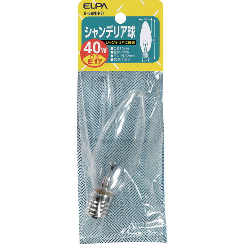 ●定格：電圧100／110V・消費電力40W・寿命：約1●500時間●本体サイズ：全長：95mm・バルブ径：32mm・口金：E17●入数：1個●色：クリア●シャンデリアなどの装飾照明に適しています。●ガラス球の形状がローソクの炎形の電球です...