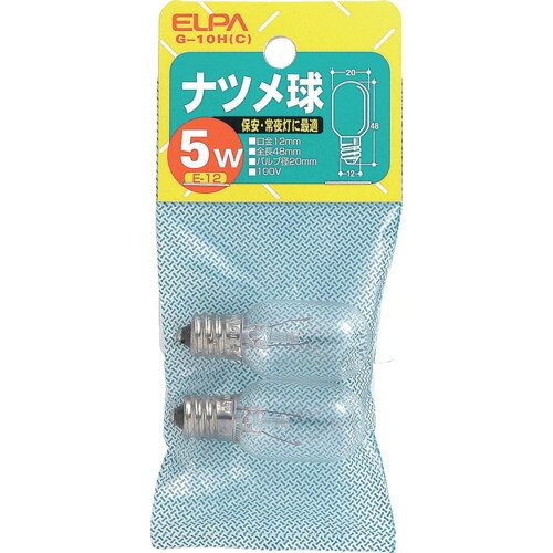●定格電圧：100V●定格消費電力：5W●定格寿命：約3000時間●本体サイズ：全長48*バルブ径20(mm)●口金：E12●入数：2個●カラー：クリア●小型・低ワットで長寿命設計の電球です。リニューアルに伴い、パッケージ・内容等予告なく変...
