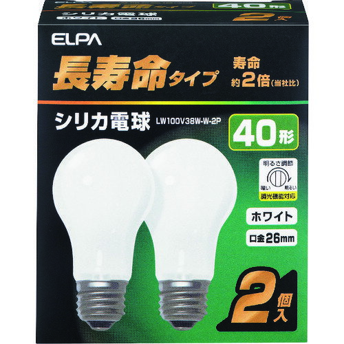 ●定格電圧：100V●定格消費電力：38W●定格寿命：約2000時間●本体サイズ：全長98*バルブ径55(mm)●口金：E26●カラー：ホワイト●入数：2個●寿命メーカー比約2倍です。●長寿命設計の電球です。リニューアルに伴い、パッケージ・...