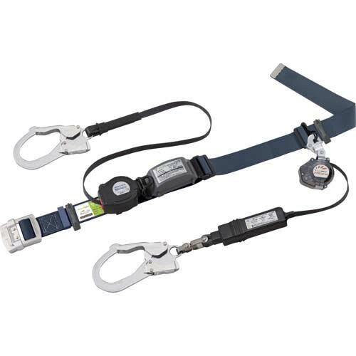 ●ロック装置付巻取器+ロック装置付着脱式巻取器●第一種ショックアブソーバ●メイン巻取器：ストラップ幅17*長さ1660mm●サブ巻取器：ストラップ幅17*長さ1530mm●「メイン巻取+サブ脱着可能な巻取」の2丁掛け胴ベルト型墜落制止用器具...