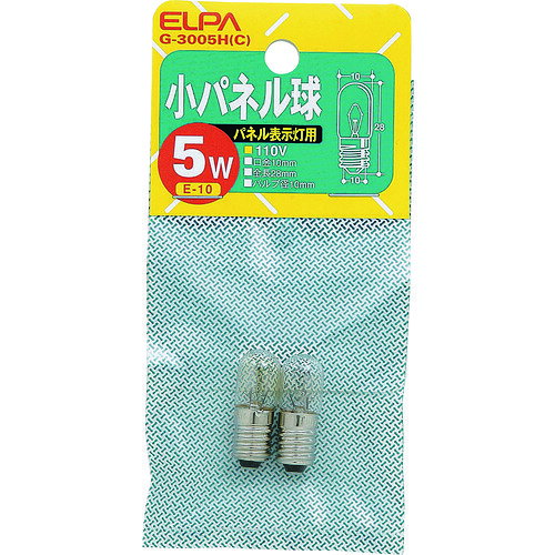 ●定格：電圧110V・消費電力5W・寿命：約500時間●本体サイズ(mm)：バルブ径：10●入数：2個●主に機器などのパネル面の表示灯などに使用する電球です。リニューアルに伴い、パッケージ・内容等予告なく変更する場合がございます。予めご了承...