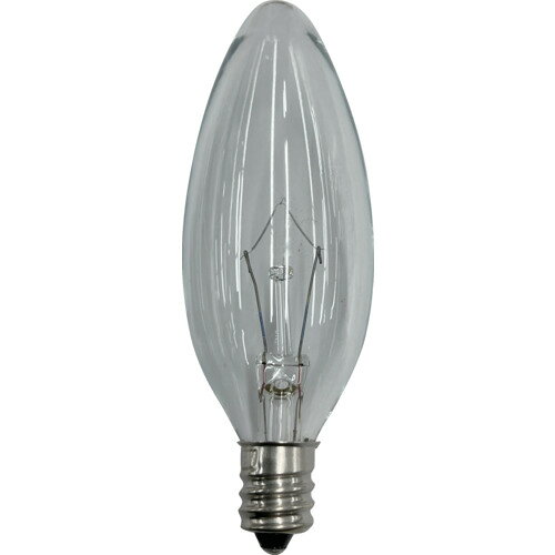 ●電圧　110V●消費電力 40W●寿命：約1,500時間●全長：95mm●バルブ径：32mm●口金：E12●入数：1個●カラー：クリア●ガラス球の形状がローソクの炎形の電球です。●シャンデリアなどの装飾照明に適しています。リニューアルに伴...