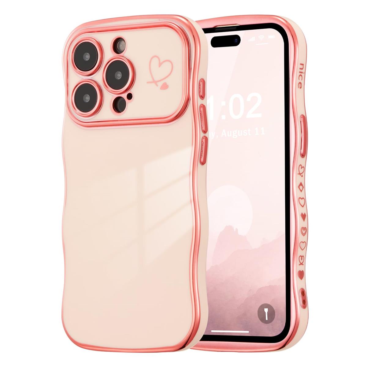 【対応機種】iPhone 15 Pro (6.1インチ) 専用。購入前にお使いの機種を確認してくださいね。【美しいデザイン】波状の側面が快適なグリップを提供;メッキトリムと愛の心は、携帯電話のかわいいとファッションを作る;女の子と女性のため...