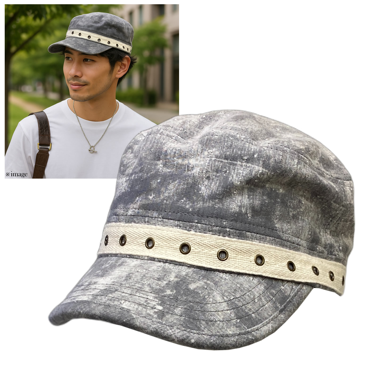 ■ ユーズド感が映える、こなれワークキャップ ヴィンテージ風ウォッシュ加工で、ほどよいラフさと存在感を兼ね備えた大人カジュアルなワークキャップ。 ベルト部分にはアイレット（ハトメ）デザインを施し、ワンランク上のおしゃれを演出します。 ■ デ...
