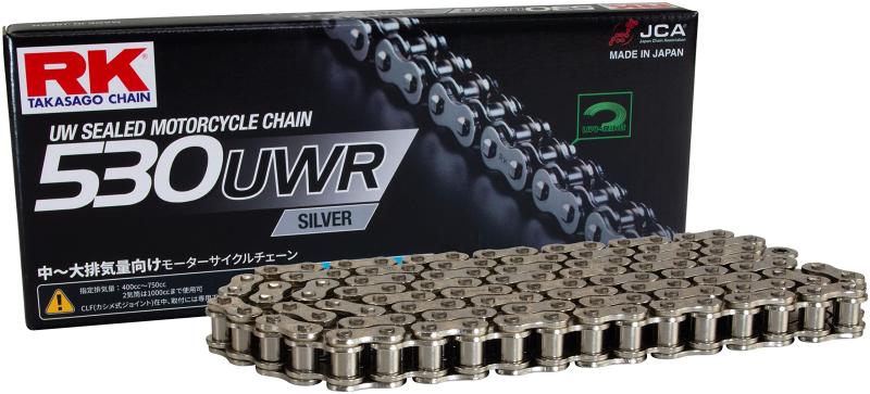 アールケー(RK) ドライブチェーン シルバーメッキ SV530UWR 120LSilver（SV）はプレート、ピン、ローラーを全て同じメッキ仕上げとし、キラキラ感を追求。全身フルプロテクションのオールシルバーを実現
