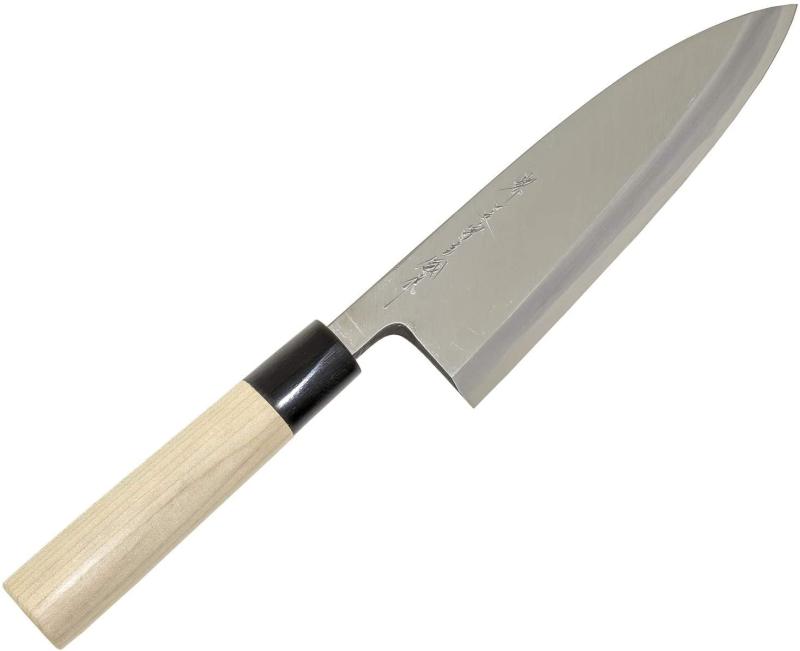 堺源吉 堺一文字吉國 日本製 出刃 包丁 180mm 白二鋼 木柄 堺の包丁 112070サイズ:(全長)約33.5cm、(刃渡り)約18cm、(刃幅)約5.5cm、(持ち手厚み)約2.3cm素材・材質:刀身=ヤスキ白鋼本霞、柄=水牛柄