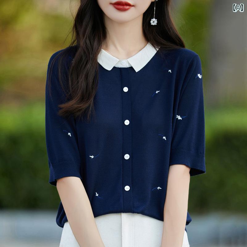 ・カテゴリ: ニット・主な素材: 天絲95%以上・柄: 花柄・厚み: 中厚・ネックライン: ポロ襟・袖丈: 五分袖・着丈: 普通・カラー展開: ダークネイビー、ライトグレー、ピンク・サイズ展開: M、L、XL・スタイル: シンプルカジュアル...