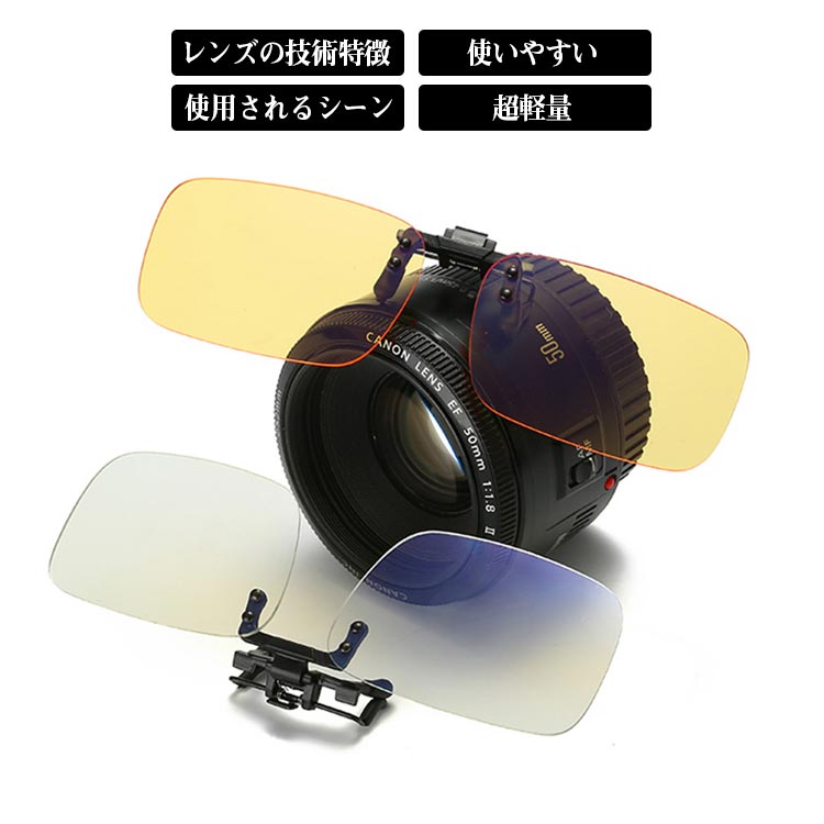 「レンズの技術特徴」ナイトビジョン眼鏡は、黄色いレンズの上部に反射膜と吸収膜を一層プラスしました。使用中、強い光は反射膜と吸収膜を通ることで、光の一部を反射・吸収することができます。黄色いレンズには強い光線を弱める効果があり、黄色いレンズを...