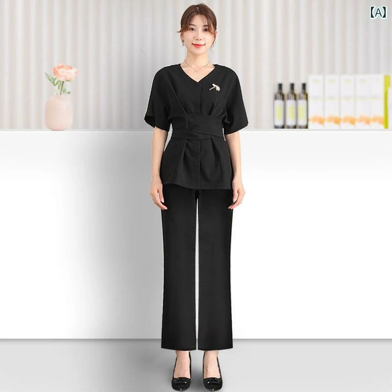 エステ ユニフォーム 制服 サロン ス A:レディースため黒美容師作業服 B:オフホワイト 美容室作業服 C:白シニア美容師作業服秋冬スタ S M L XL XXL XXXL