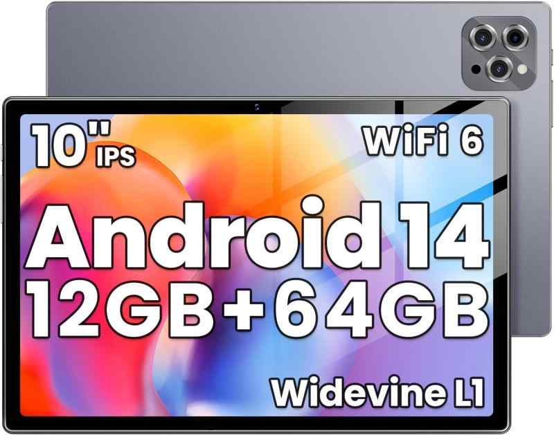 【タブレット 10インチ wi-fiモデル】12GB+64GB+1TB TF拡張、8コアCPU WidevineL1+GMS認証+Type-C充電+6000mAh、Android タブレット 1280*800 IPS画面 、WiFi6+BT...