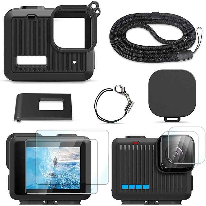 GoPro HERO 用 ケース アクセサリー 豪華5点セット 【シリコンカバー + ガラスフィルム + レンズキャップ + サイドカバー + ストラップ】 保護ケース 衝撃吸収 キズ防止 (ブラック)【GoPro HERO Black専用...