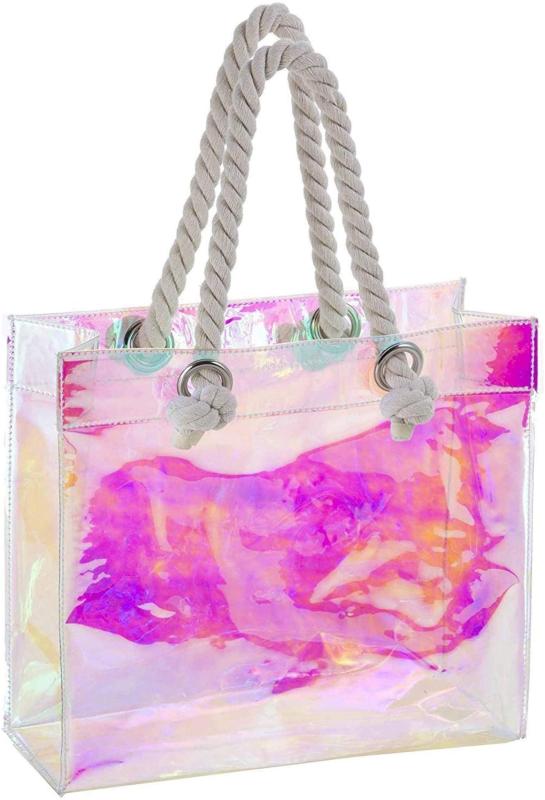 ビニールバッグ 透明 丈夫 な トート クリア バッグ オーロラ ピンク スモーク W315×D120×H280mm MSK-3228サイズ：W315×D120×H280　厚み 0.4m/m ハンドル長さ　500mm、 素材：PVCビニール...