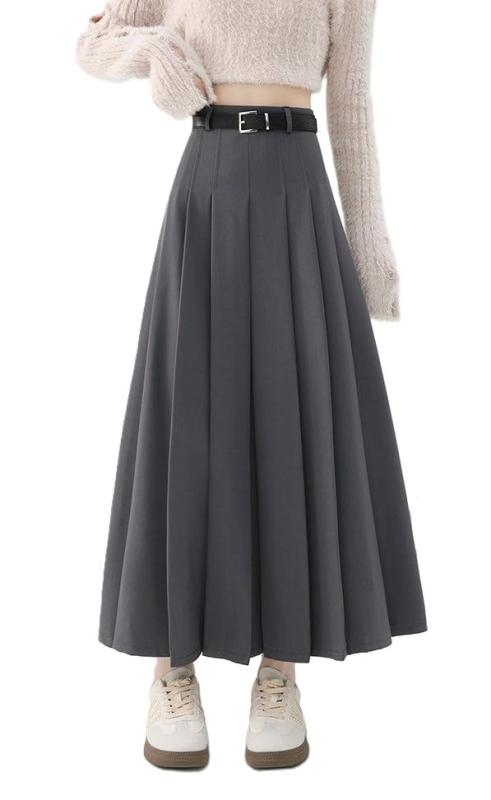 [Two Steps Behind] レディース ロングスカート プリーツスカート くすみカラー モノトーンカラー 秋冬 ベルト サイズ調整 ハイウエスト 防寒 RE83秋冬シーズンにぴったりなくすみカラーのプリーツロングスカート。ベルト付...