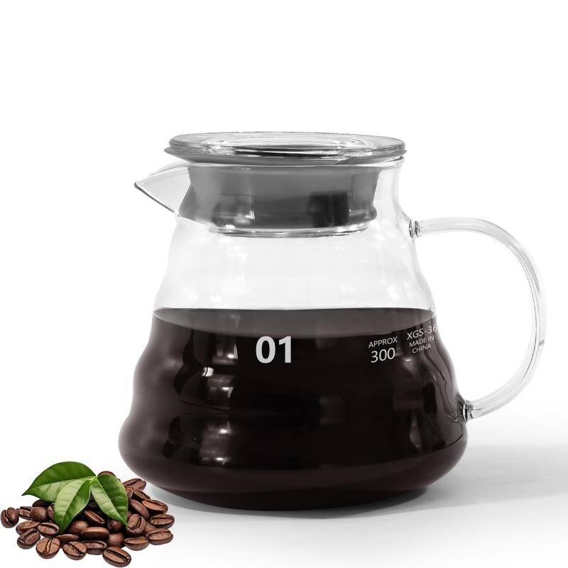 FGIUKC コーヒーサーバー 耐熱ガラス 木製ホルダー コーヒードリッパー 目盛付き 2~4人用 コーヒー ドリップ 器具 電子レンジ可 フタ付き ハンドドリップコーヒーサーバー コーヒーカラフェ
