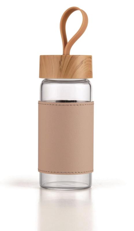 ウッドスタイル 耐熱ガラスボトル 250ml カバー付き 2色（ベージュ グレージュ）耐熱温度差120℃ カバー付きだから温かい飲み物も持ち運び可能 木目調のおしゃれなフタと皮のような質感