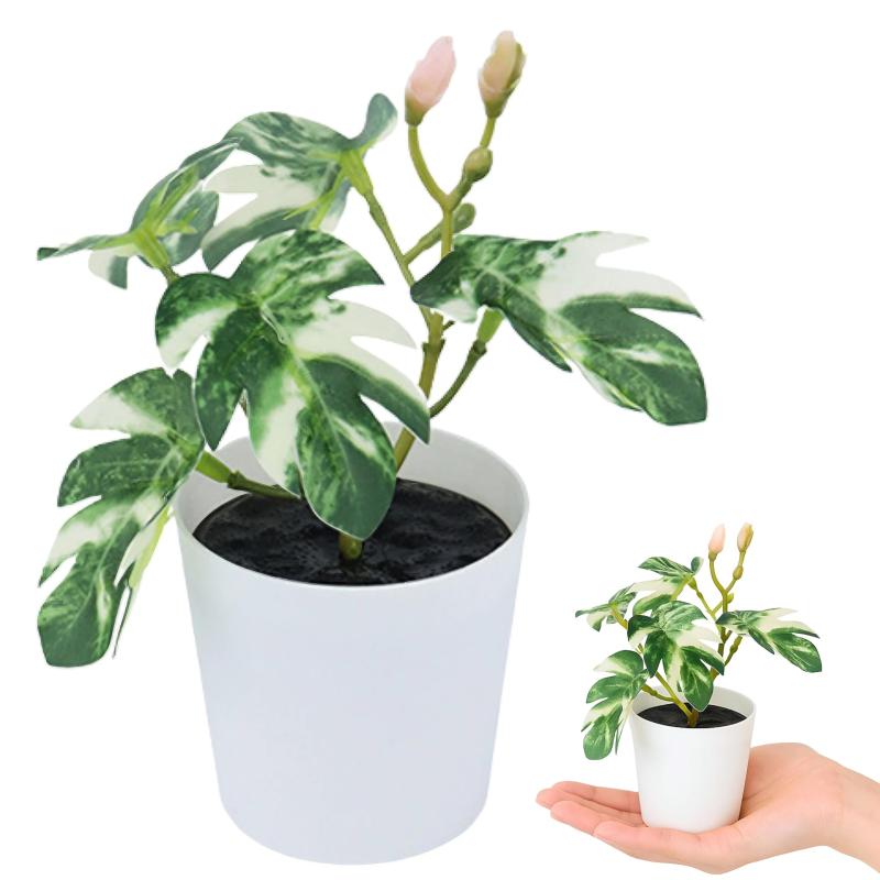 East Leaf フェイクグリーン 卓上 ミニ【斑入りモンステラ風】小型 プラ鉢 全高約16cm 玄関 トイレ デスク インテリア【余白が映える、斑入りアクセント。】 白×グリーンのコントラストがワンポイントで効く。玄関・洗面・デスクに1...