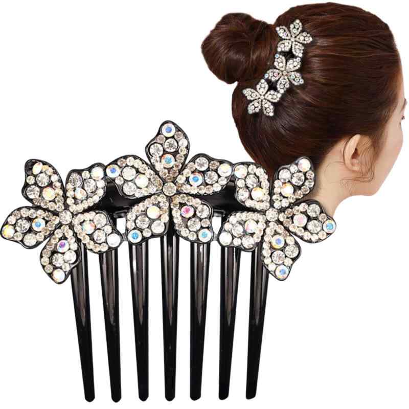 EZ PEACH ラインストーン ヘアコーム DE 夜会巻き 蝶々 フラワー 花々 らくちん かんたん ヘアアレンジ 初心者の方にお勧め キラキラと輝 バレッタ クリスタル 夜会巻き コーム♥コームサイズ：10,5cmX8cm♥素材：プラス...