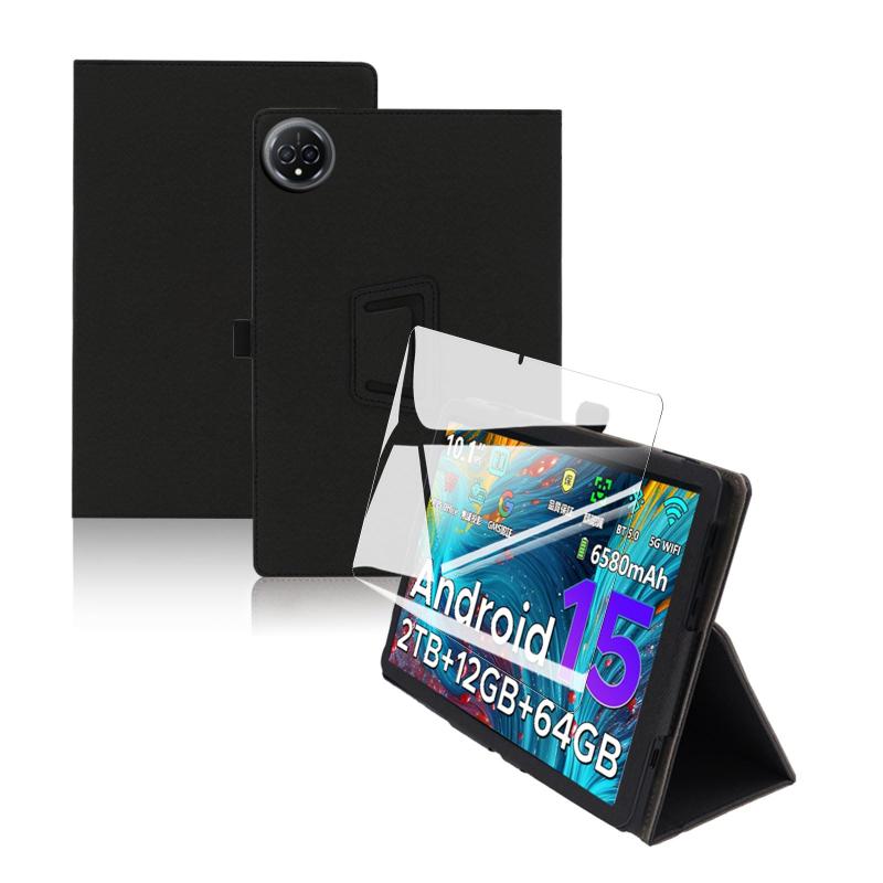 For DOOGEE Tab A9/A9 Pro ケース フィルム セット DOOGEE Tab 10.1インチ 用 保護ケース ガラスフィルム 軽量 角度調整 上質PU製 全方位カバー 耐衝撃 【ブラック】+保護フィルム1枚【適用機種】D...