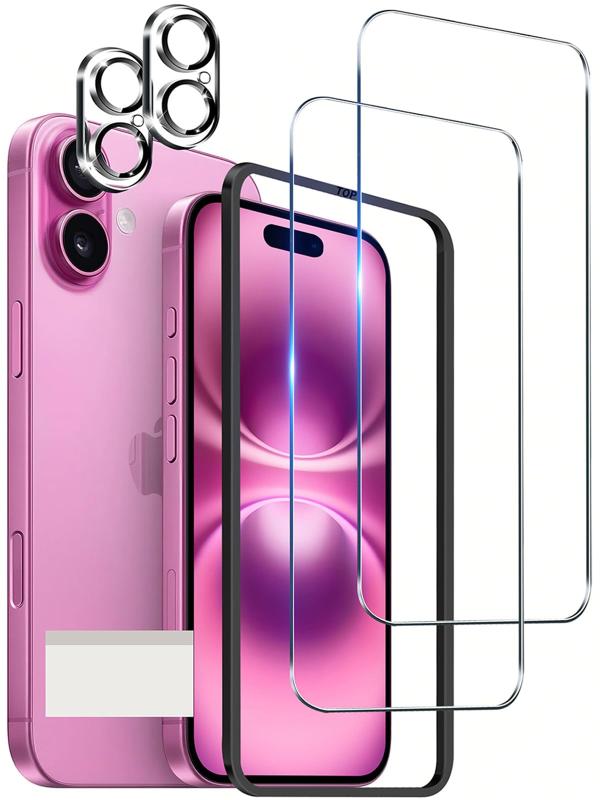 iPhone 16 用 ガラスフィルム (2枚) + iphone16 用 カメラフィルム (2枚) ガイド枠付き 1枚 取り除き発泡板 硬度9H 全面保護 耐衝撃 気泡なし 自動吸着 指紋防止 簡単貼り付け アイフォン16 用 強化ガ【超...