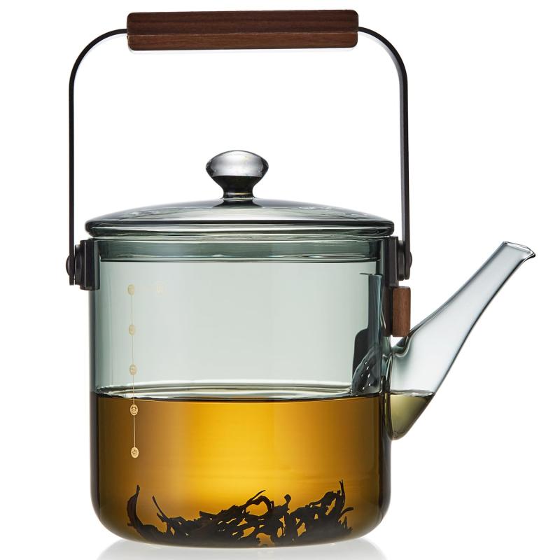 ポカロティー 耐熱ガラス ティーポット 1100ml 墨色デザイン 木製ハンドル付き 透明やかん 直火対応 お洒落 丈夫 急須 上手型 紅茶 緑茶 工芸茶 ハーブティー用 お茶 ジャンピング 目盛付き 【耐熱ガラス製｜安心の耐久性と清潔感】...
