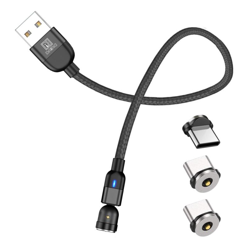 DAIAD USB-A to Type-C 充電ケーブル 0.3m マグネット式 1PIN 充電専用 着脱式 LED付き 防塵キャップ 首振り 360度回転 L字 ナイロン編組 USB-C 端子3個セット ブラック【1PIN構造でセキュリテ...