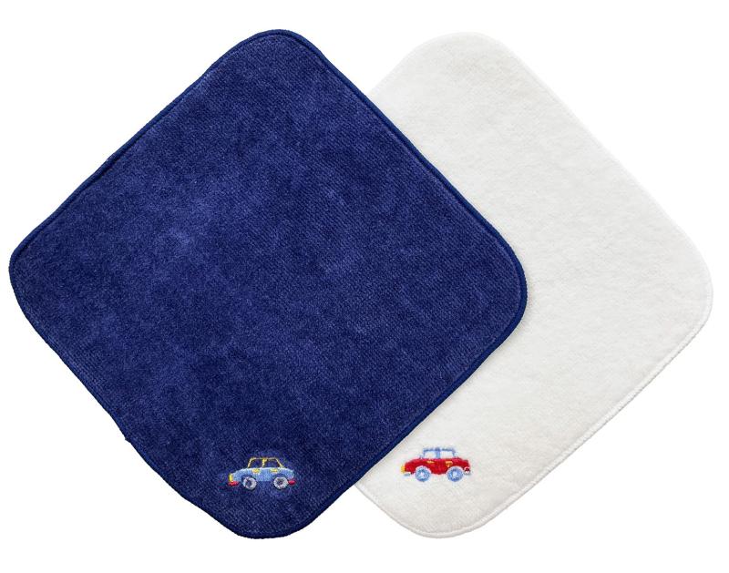 [スマイリッシュ] 今治ミニタオルハンカチ 2枚セット (15cm×15cm 名入れスペース付) 白くるま&amp;ネイビーくるま 日本製素材／綿100%　　 ベロアのような滑らかな肌触りのシャーリングタオルを使用サイズ／15cm×15cm...