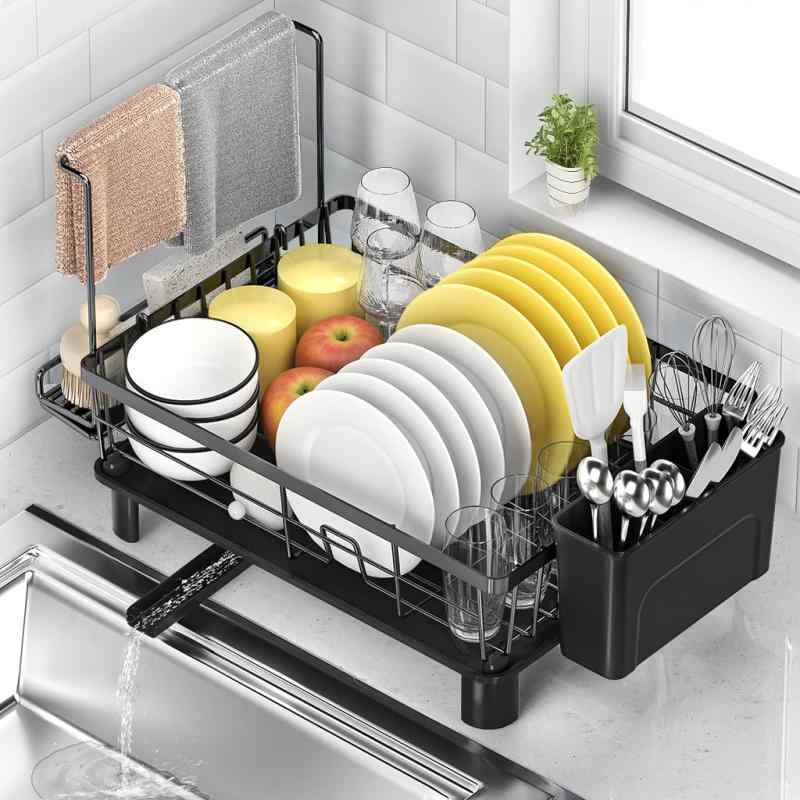 Rerishom 食器水切り、省スペース、キッチンカウンタートップ食器ラック、耐久性のあるステンレススチール製キッチン水切り、カトラリーホルダー付き【多機能】食器ラックには、食器ラック、スプーン＆フォークラック、布巾ラックがセットになってお...