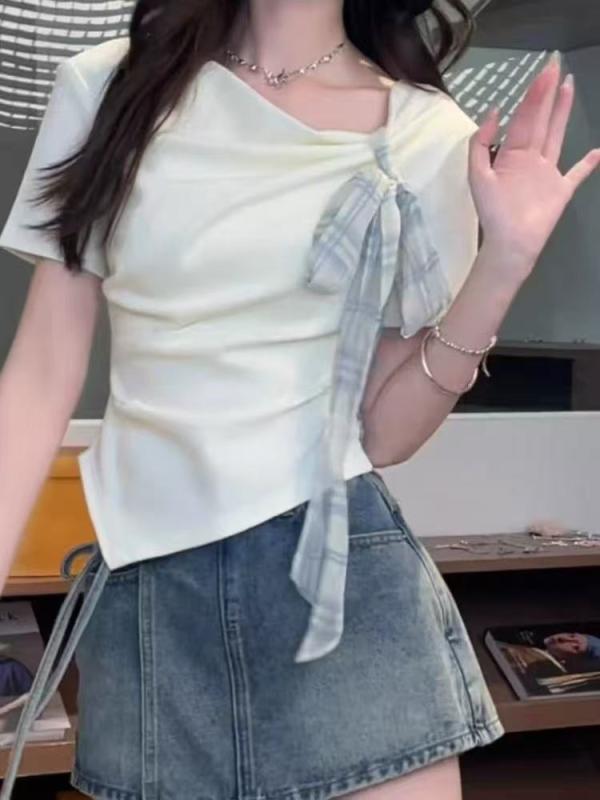 ・カテゴリ: Tシャツ・スタイル: カジュアル、韓国風・主な素材: 綿 50%〜70%、ポリエステル 30%以下・柄: リボン、チェック・袖丈: 半袖・仕様: プルオーバー、切り替え、変形デザイン・着丈: ショート丈（約40cm〜50cm）...