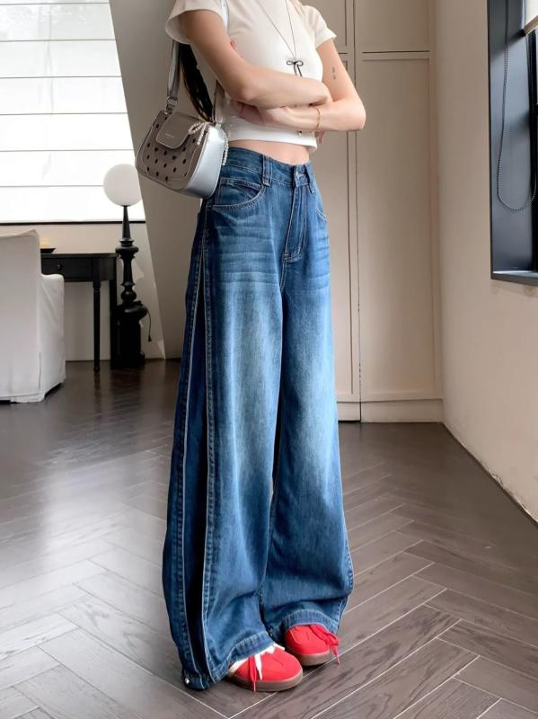 ・カテゴリ: デニムパンツ・主な素材: デニム、その他・スタイル: カジュアル、ストリート、トレンド・パンツの形: ストレート、ワイド・パンツ丈: ロングパンツ・ウエスト: ハイウエスト・生地の厚さ: 普通・デザイン特徴: ポケット、ボタン...