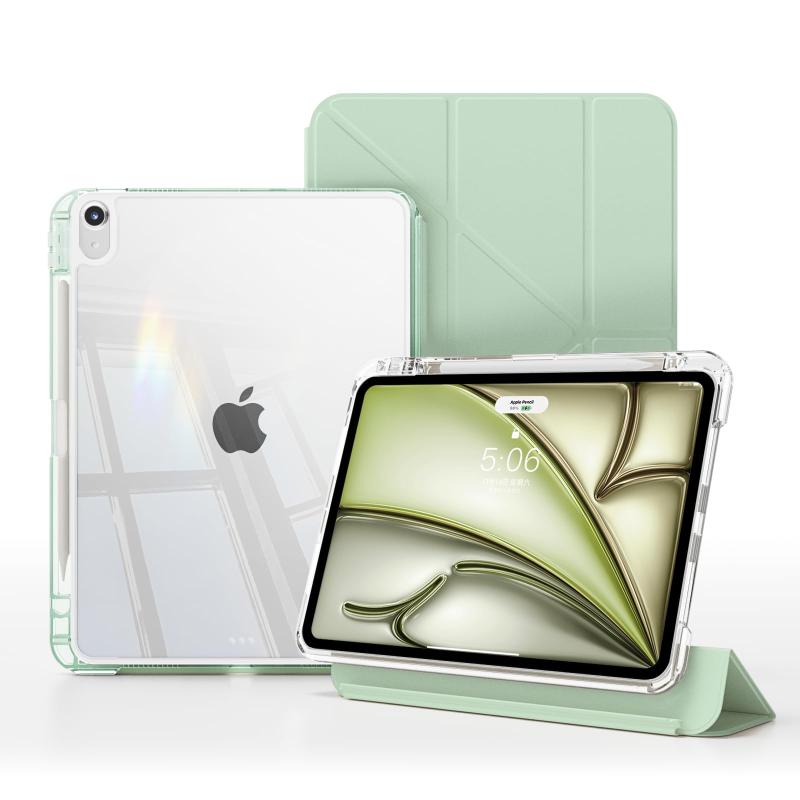 RosMank Y フォールドケース iPad Air 用 、ペンシルホルダー、横置＆縦置スタンド機能、タブレットカバー、軽量、衝撃保護、折りたたみ、透明保護ケース、PU スクリーンプロテクター