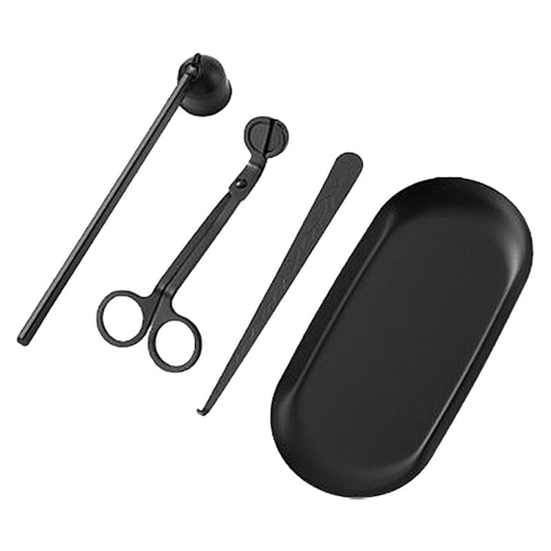 キャンドルツール キャンドルスナッファー ろうそく 芯切りウィックトリマー アクセサリーセット梱包内容：キャンドルカット1個、キャンドルカバー1個、キャンドルフック1個、楕円形トレイ1個、ブラック製品材質：ステンレス材質を採用し、錆びにくく...