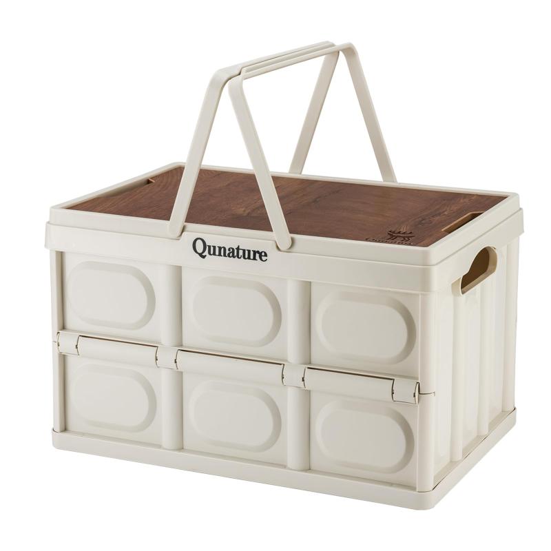 Qunature 折り畳みコンテナ 55L 大容量 持ち手付き キャンプ カゴ 木製の蓋付き 折り畳み 収納ボックス 耐荷重 積み重ね 組立簡単 アウトドア キャンピング BBQ 買い物かご 自宅 おもちゃ箱 スト【大容量】たくさん収納、持...