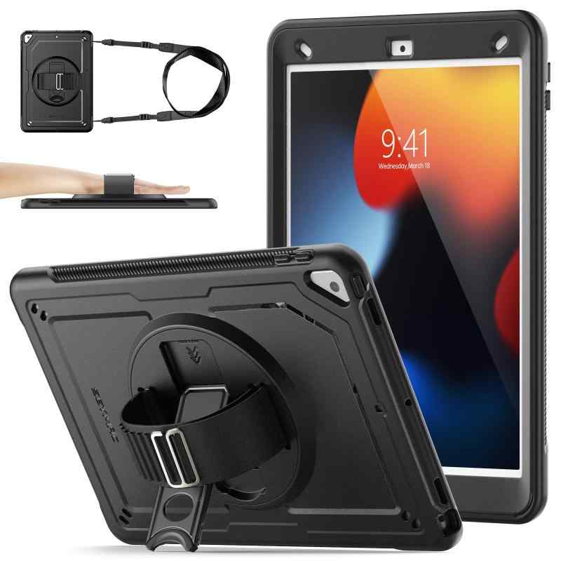 SEYMAC stock iPad 10.2インチ 第9世代/第8世代/第7世代専用ケース 耐衝撃 Gフック式ハンドストラップ 360°回転スタンド ペン収納 ショルダーストラップ フィルム付き前面フレーム 全面保護カバー
