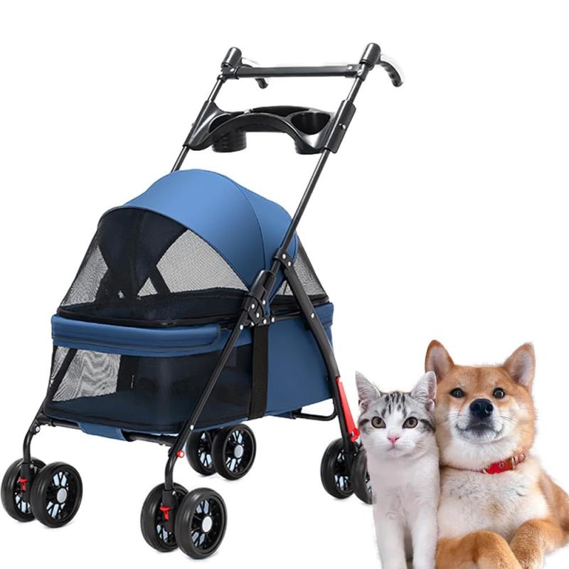 JINETES ペットカート 犬 4輪 犬用カート バギー 小型/中型犬 猫 組み立て簡単 ワンタッチ折り畳み コンパクト收纳 軽量 前輪360°回転 後輪ブレーキ付 耐荷重18KG 外出便利😻【通気性抜群】： ファスナー付...