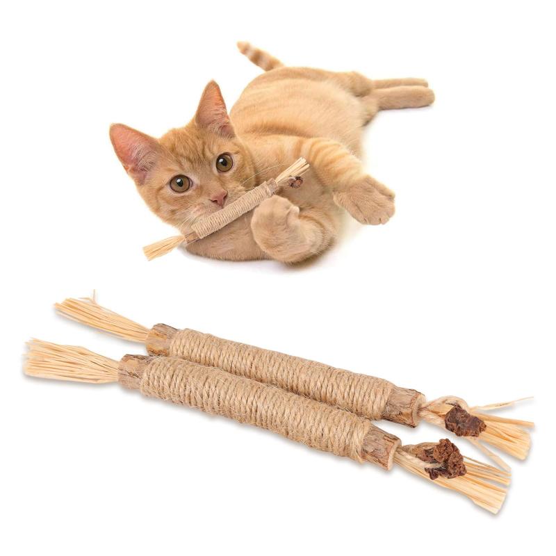 PAKESI 猫 噛むおもちゃ 歯磨き 歯ぎしり棒 またたび 天然木 麻縄 4本入り 天然安全 噛むスティック 歯のクリーニング 無毒 肥満解消 運動不足解消 ストレス解消