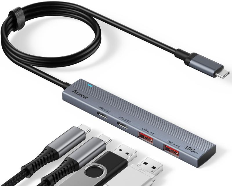 Aceele USB 3.2 Gen 2 ハブ 4つのUSB-Aポート付き USB 3.2 ハブ 100cmケーブル付き ノートパソコン、デスクトップPC、Xbox、Macなどに最適HDMI - VGA、1080P単方向金メッキアダプター。