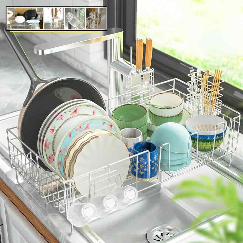 【全金属製伸縮式】水切りラック キッチンラックシンク上 水切りかご : ステンレス水切りカゴ、組み立て簡単、省スペースの台所、錆びない流し台のための、充実したディッシュラックシ【全金属製伸縮式】水切りラック キッチンラックシンク上 水切りか...