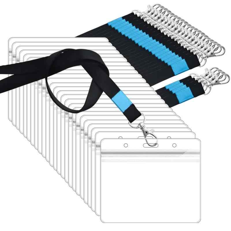 WMYCONGCONG 25枚セット IDカードホルダー 名札 横型 110*92mm 防水 名刺 PVC製 ネームホルダー 両面クリア 金属フック式 ネックストラップ付きイベント スタッフ パス 名刺 社員証ケース 入れ 首か