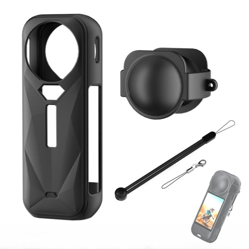 For Insta360 X5 シリコンカバー＋レンズキャップ 無臭でソフト 防水防塵 軽量 耐衝撃性 シリコン素材 キズ防止 着装まま充電可能 for Insta360 X5用 専用保護カバー指紋防止 簡単装着「ストラップ【精密フィット ...