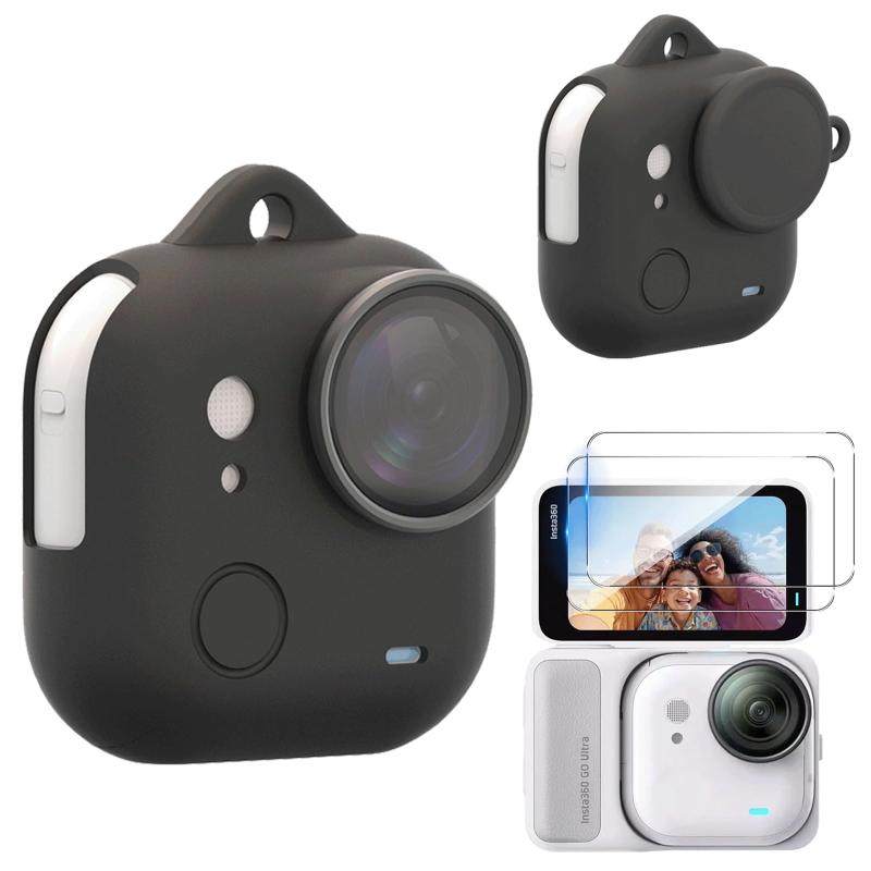 【1個+2枚セット】For Insta360 GO Ultra ケース（1個）+ガラスフィルム（2枚） Insta360 GO Ultra 対応 カバー 保護カバー シリコン製 落下防止 柔らかい 軽量 レンズキャップ キズ防止 着脱簡単 ...